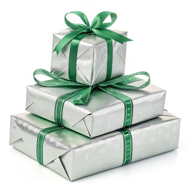 Stack of Presents with Green Ribbon Isolated on White Background Stock ...