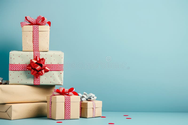 Stack of Presents with Red Bows on Top Stock Photo - Image of ...