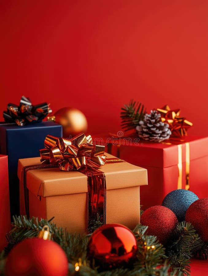 A Stack of Presents with a Red Ribbon on Top of a Brown Box Stock Image ...