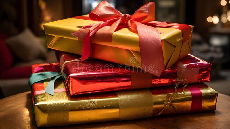 A Stack of Presents Wrapped in Shiny Red and Gold Paper W One ...
