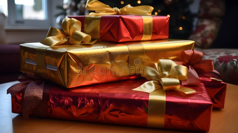 A Stack of Presents Wrapped in Shiny Red and Gold Paper W Two ...
