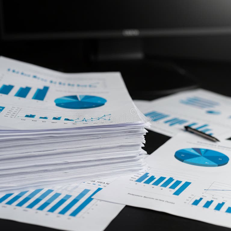 A Stack of Printed Documents with Blue Bar and Pie Charts is Placed on ...