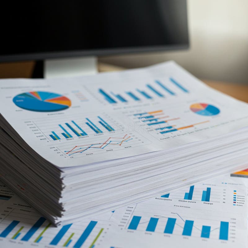 A Stack of Printed Documents Featuring Various Charts and Graphs Lies ...