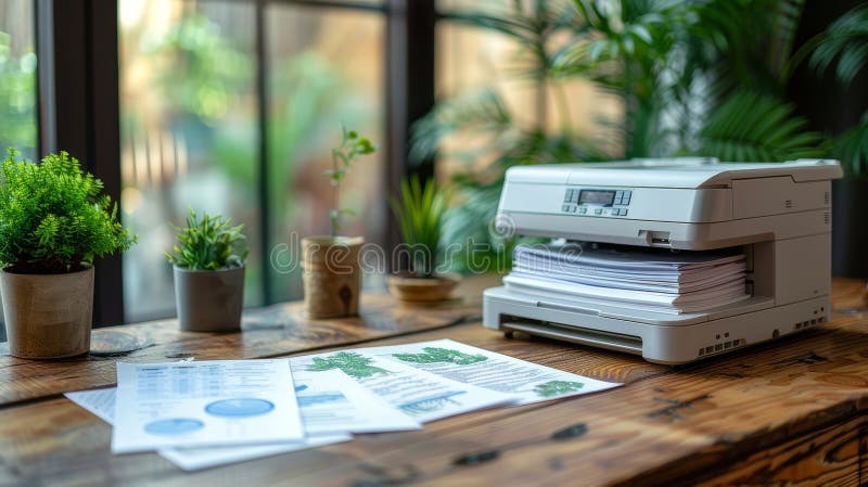 Stack of Printed Documents on a Wooden Table Near a Window with Plants ...