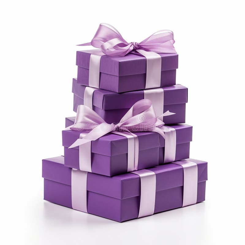 Stack of Purple Gift Boxes Tied with Lavender Ribbons on White ...