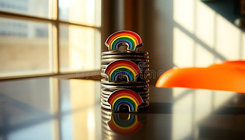 Stack of Rainbow Pins Symbolizing Pride and Inclusion on Reflective ...