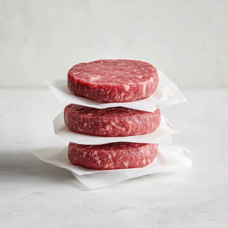 Stack of Raw Beef Patties on White Parchment Paper Isolated on Light ...