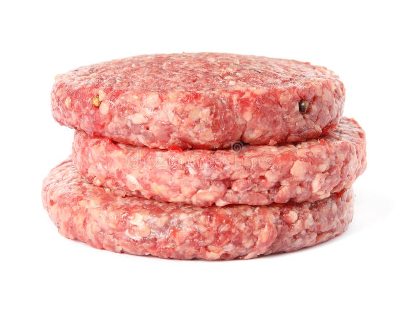 Stack of Raw Hamburger Patties on White Background, Closeup Stock Photo ...