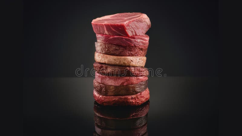 A Stack of Raw Meat on a Black Background with Reflection, AI Stock ...