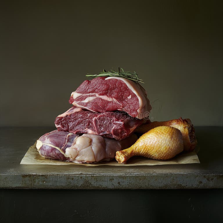 Stack of Raw Meats with Herbs on Rustic Surface Stock Image - Image of ...