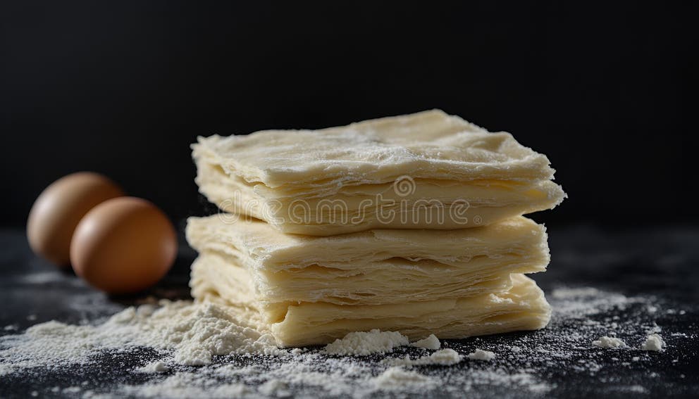 Stack of Raw Puff Pastry Dough, Eggs, Flour, Dark Table, Black ...