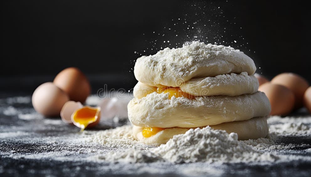 Stack of Raw Puff Pastry Dough, Eggs, Flour, Dark Table, Black ...