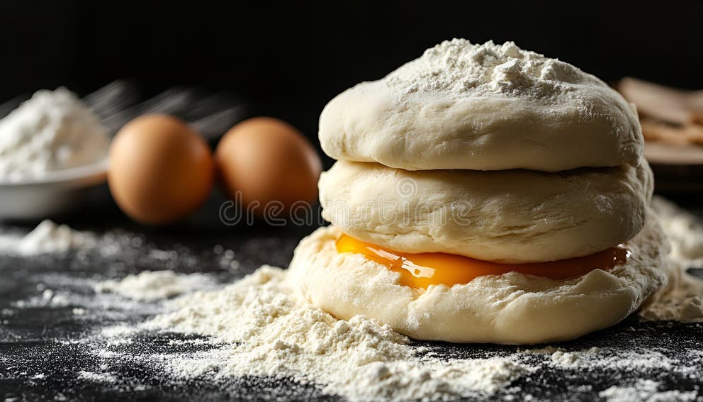 Stack of Raw Puff Pastry Dough, Eggs, Flour, Dark Table, Black ...