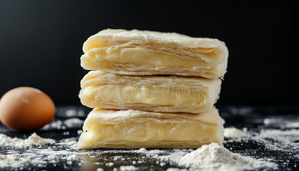 Stack of Raw Puff Pastry Dough, Eggs, Flour, Dark Table, Black ...