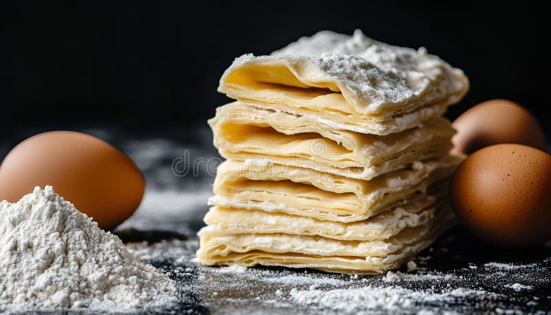 Stack of Raw Puff Pastry Dough, Eggs, Flour, Dark Table, Black ...