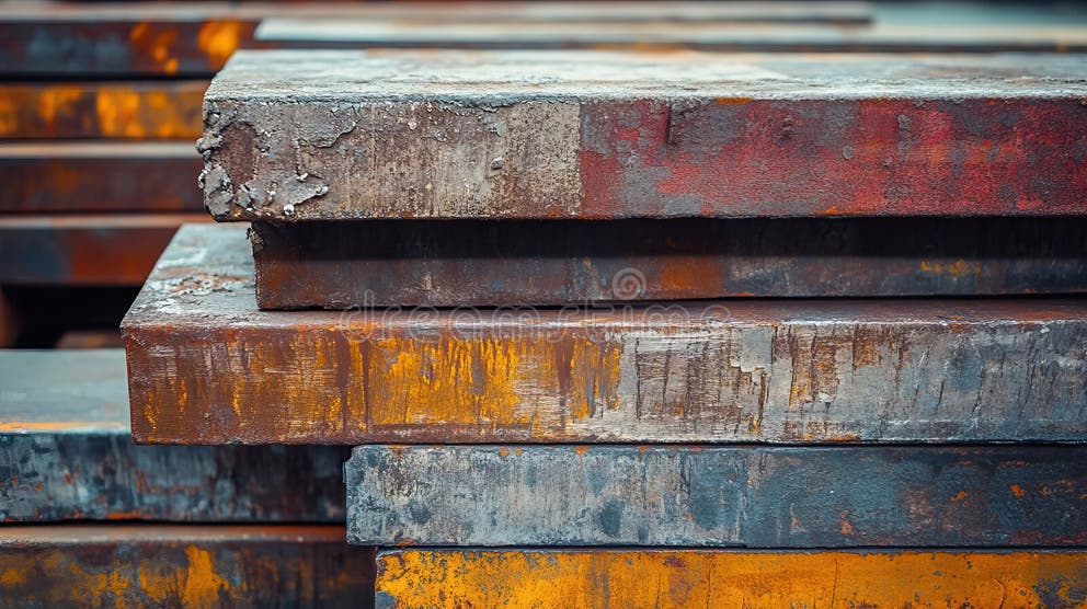 Stack of Raw Steel Billets with Rust and Rough Texture in a Warehouse ...