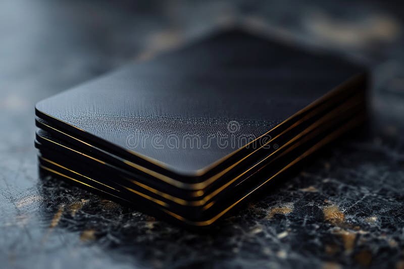 Stack of Realistic Black Cards on a Black Marble Surface. Blank ...