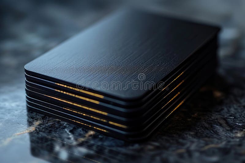 Stack of Realistic Black Cards on a Black Marble Surface. Blank ...