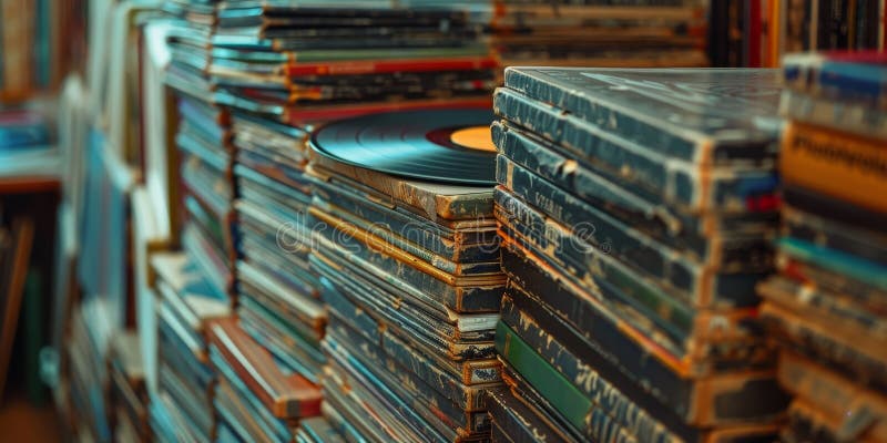 Stack of Records on Table. Generative AI Stock Illustration ...