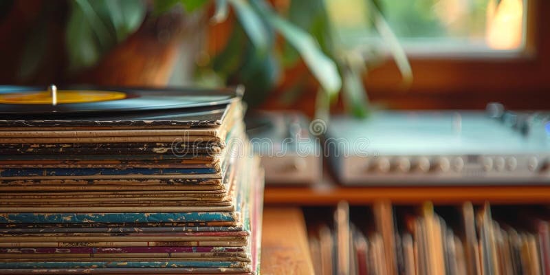 Stack of Records on Wooden Table. Generative AI Stock Illustration ...