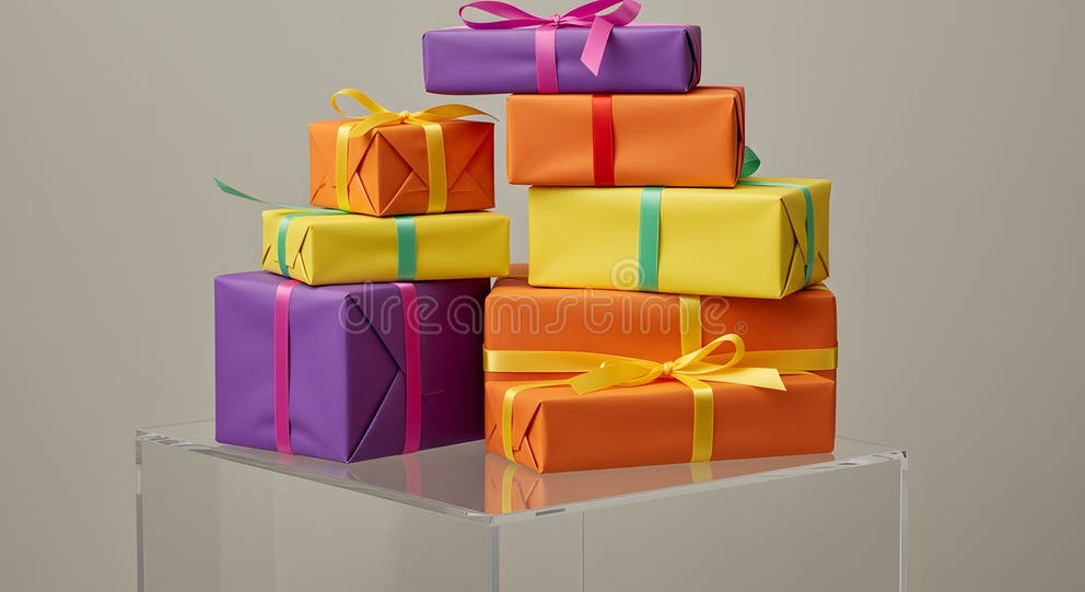 Stack of Rectangular Gift Boxes with Colorful Wrapping and Ribbons Stock Illustration ...