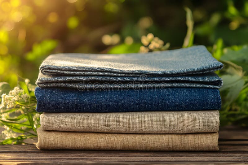 Stack of Recycled Fabric from Natural Materials and Denim, Green ...
