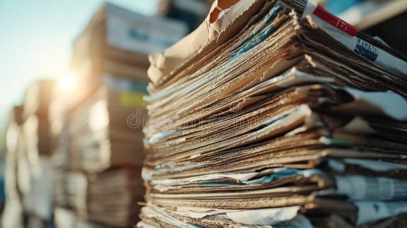 Stack of Recycled Newspaper Piles with Sunlight in Background Stock ...