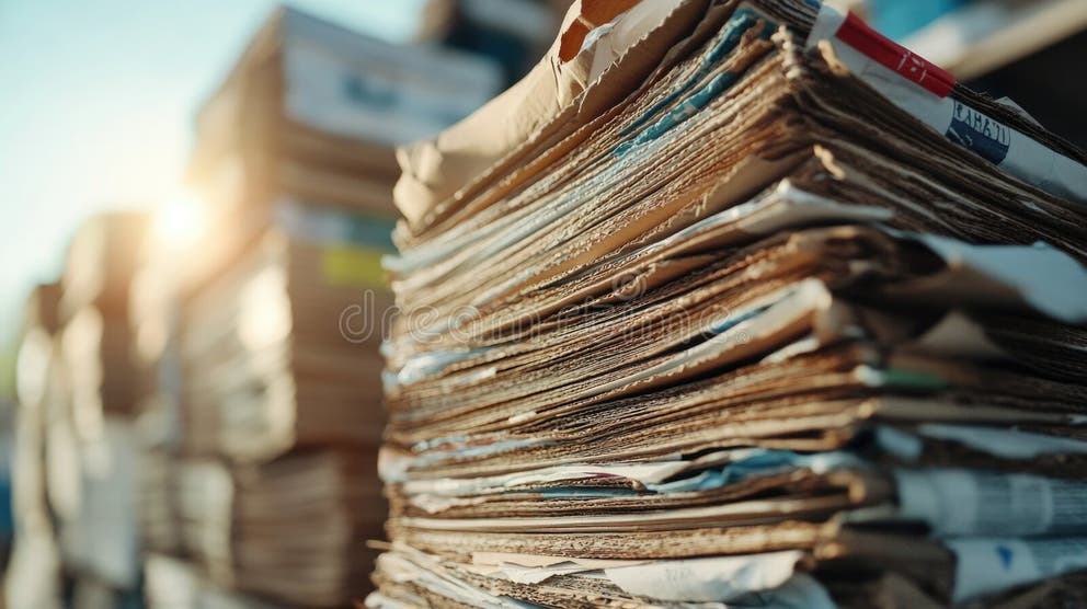 Stack of Recycled Newspaper Piles with Sunlight in Background Stock ...