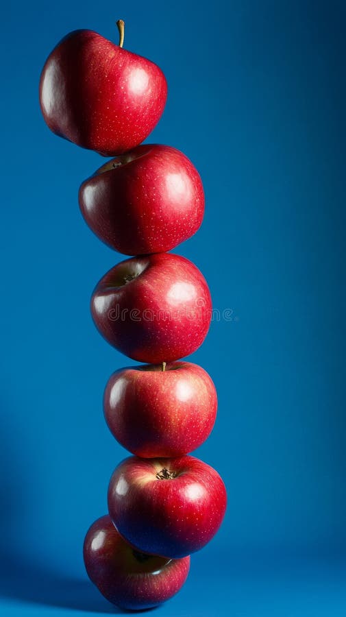 Stack of Red Apples on a Blue Background, Balancing Concept Stock Photo ...