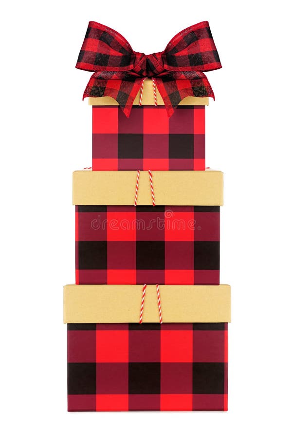 Stack of Red and Black Buffalo Plaid Christmas Gift Boxes with Lid and ...