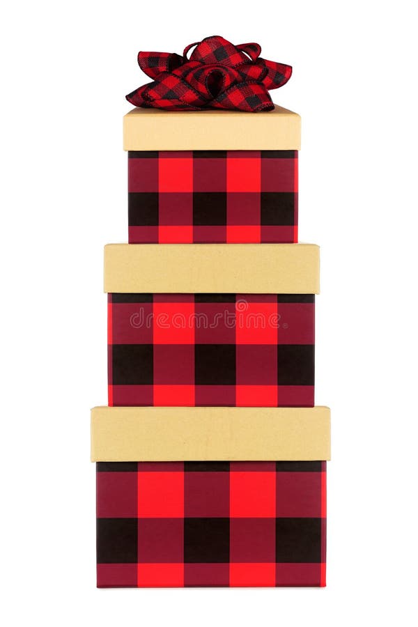 Stack of Red and Black Check Christmas Gift Boxes Isolated on White ...