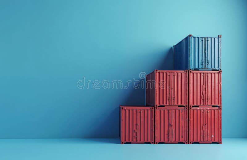 Stack of Red, Blue Cargo Shipping Containers on Light Blue Background ...