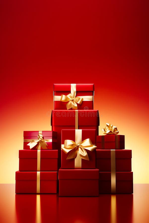 Stack of Red Boxes with Gold Bows and Ribbons on Them. Generative AI ...
