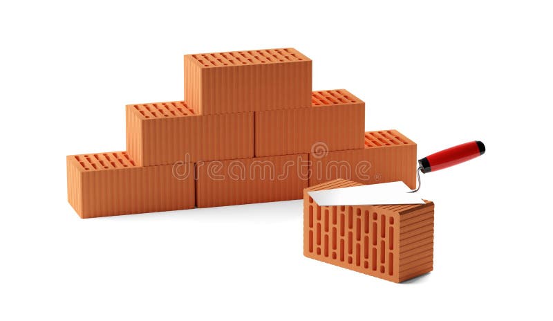 Stack of Red Brick Stones with Single Brick with Trowel on Top on White ...