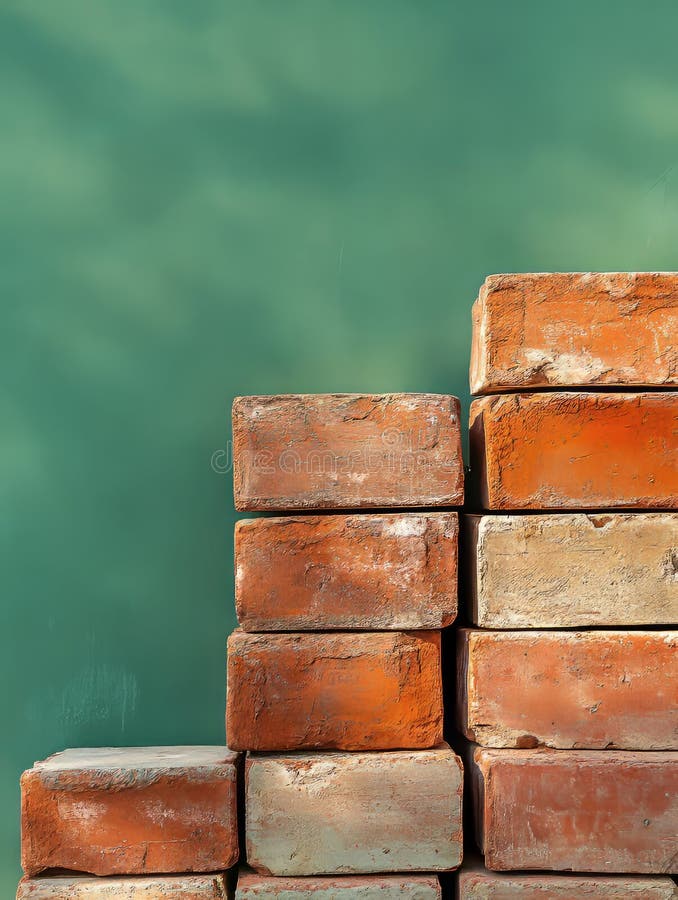 Stack of Red Bricks Against a Green Background. Stock Image - Image of ...