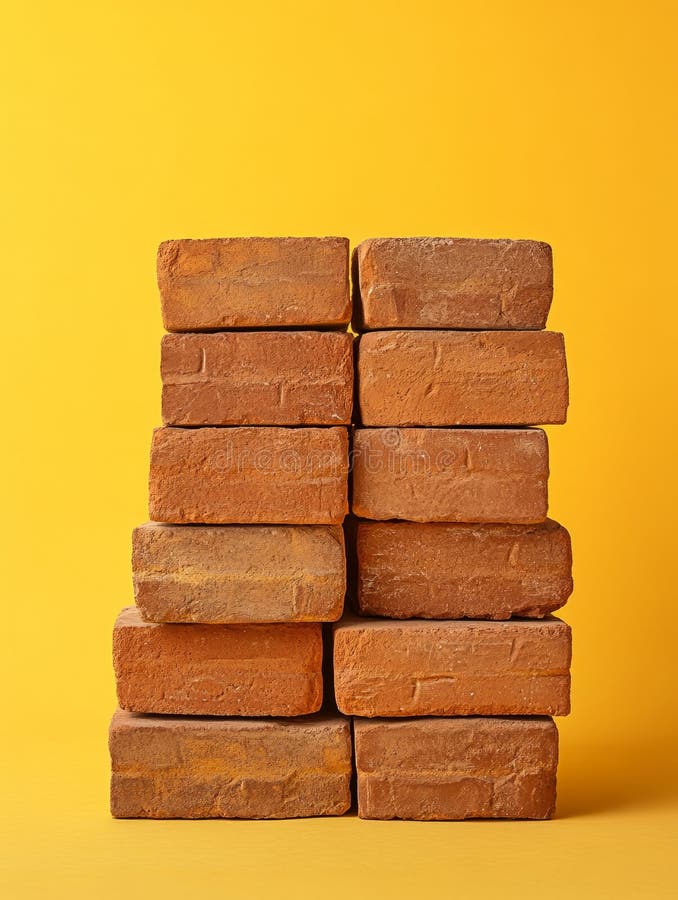 Stack of Red Bricks Against a Yellow Background. Stock Image - Image of ...