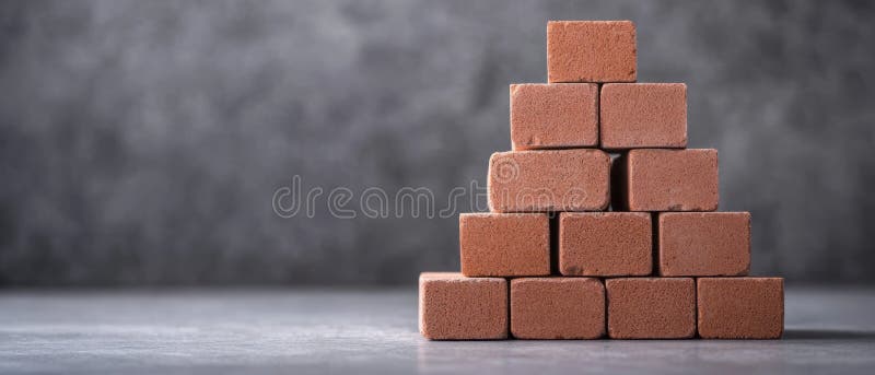 Stack of Red Bricks Forming a Pyramid Shape on a Gray Background for ...