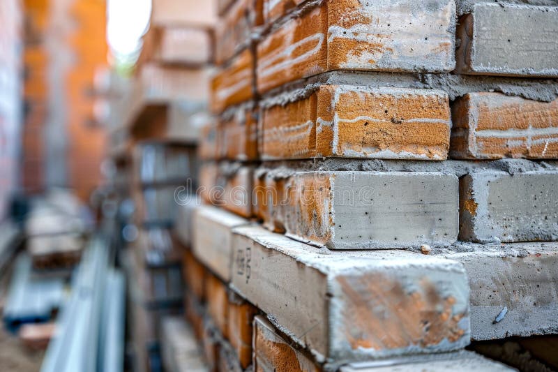 A Stack of Red Bricks Piled Neatly Next To a Brick Building ...