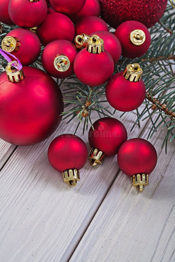 Stack of Red Christmas Balls on Branch of Pinetree and White Boa Stock ...
