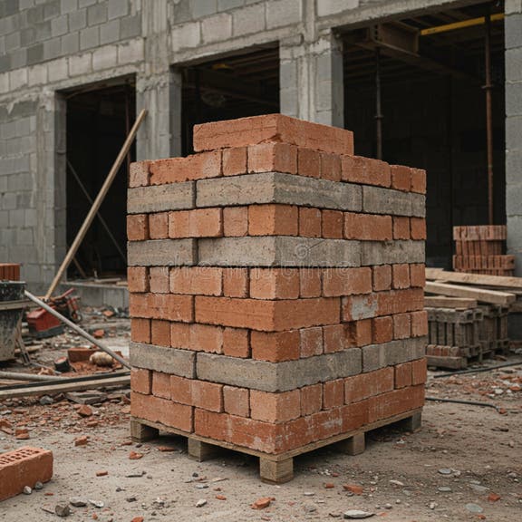 A Stack of Red Clay Bricks Neatly Arranged on a Wooden Pallet at a ...