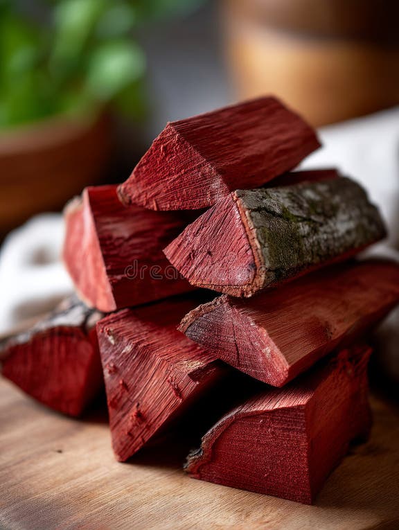 Stack of Red Firewood Logs on Wooden Surface in Rustic Setting Stock ...