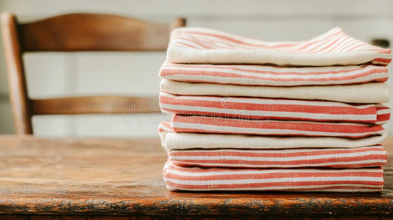 Stack of Red and Gray Linen Cotton Folded Towels on Wooden Table ...