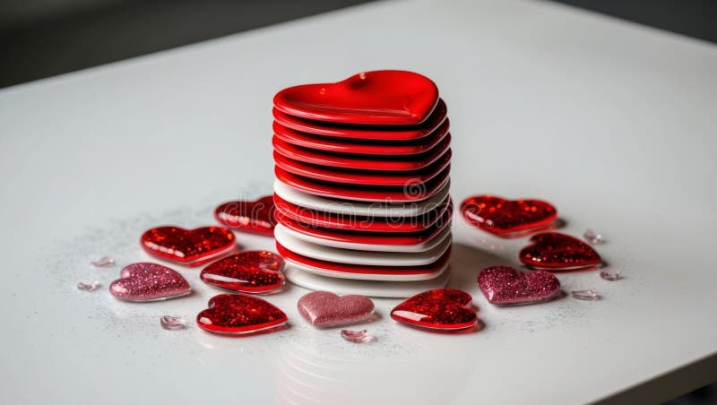 A Stack of Red Hearts on a Table with Glittered Glass Hearts ...