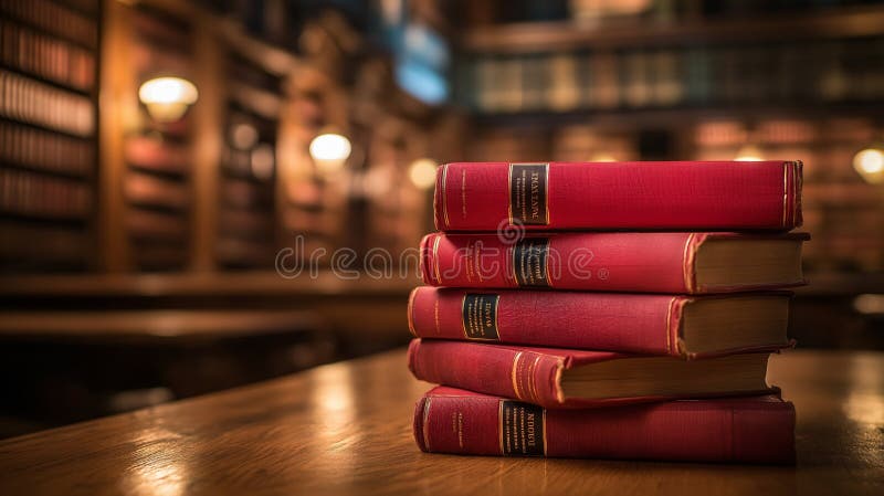 Stack of Red Law Books on a Wooden Table in a Library Stock Image ...