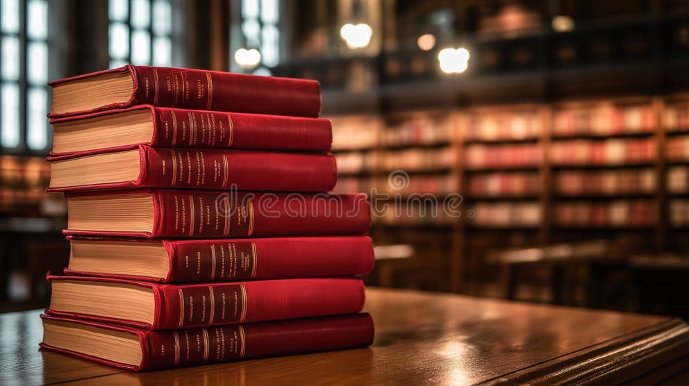 Stack of Red Law Books on a Wooden Table in a Library Stock Photo ...