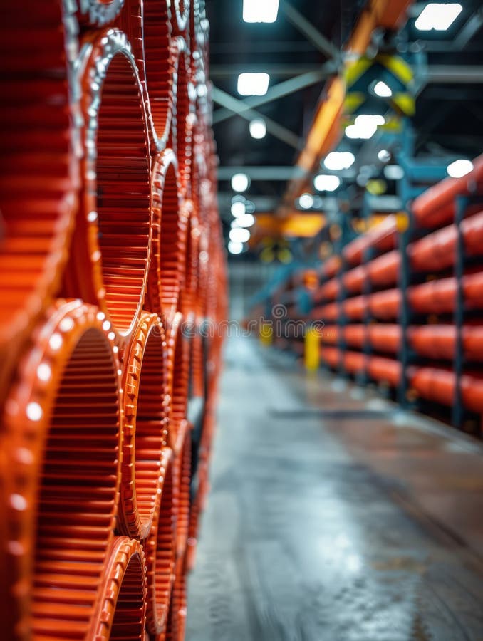 Stack of Red Pipes in a Large Industrial Warehouse Stock Image - Image ...