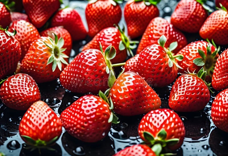 A Stack of Red Strawberries, a Seedless Fruit, on a Black Surface Stock ...