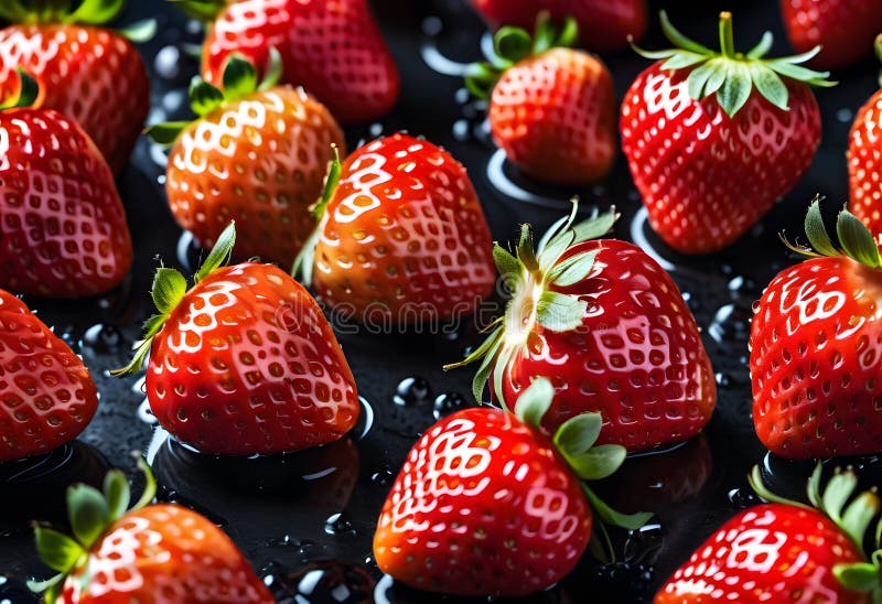A Stack of Red Strawberries, a Seedless Fruit, on a Black Surface Stock ...