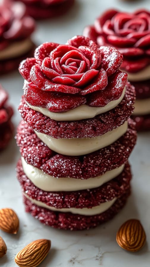 Stack of Red Velvet Cupcakes with White Frosting and a Rose Design on ...