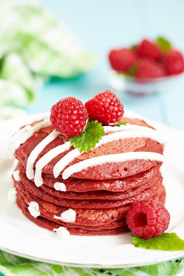 Stack of Red Velvet Pancakes with Yogurt and Strawberry on on a Wooden ...
